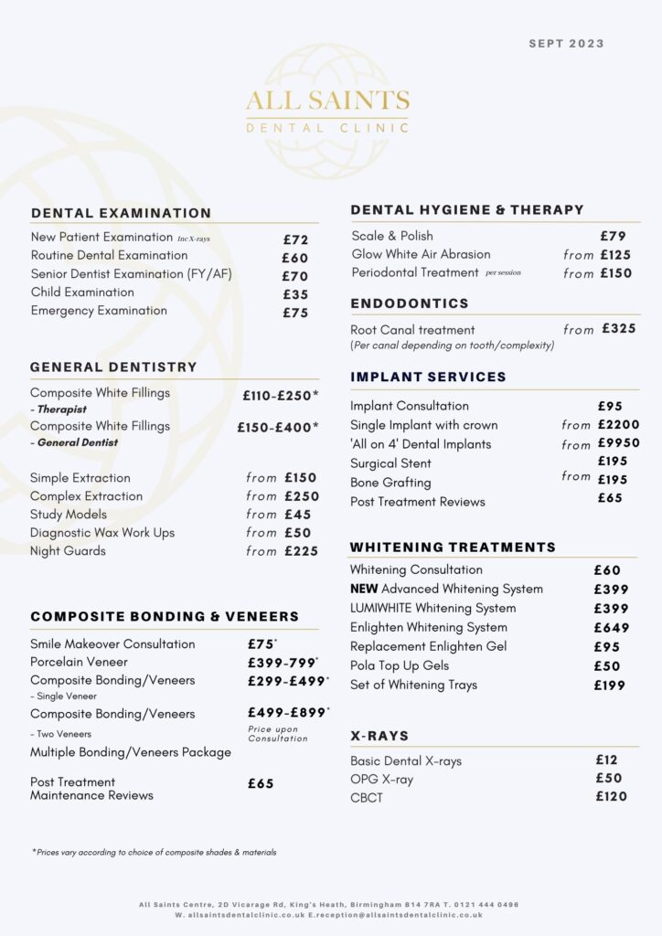 Pricing Guide - All Saints Dental Clinic
